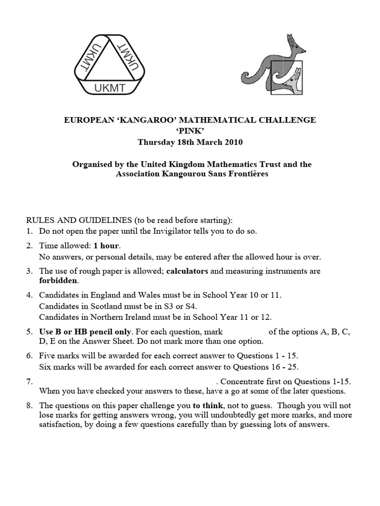 UKMT - Pink Kangaroo - Intermediate Mathematical Challenge 2010 ...