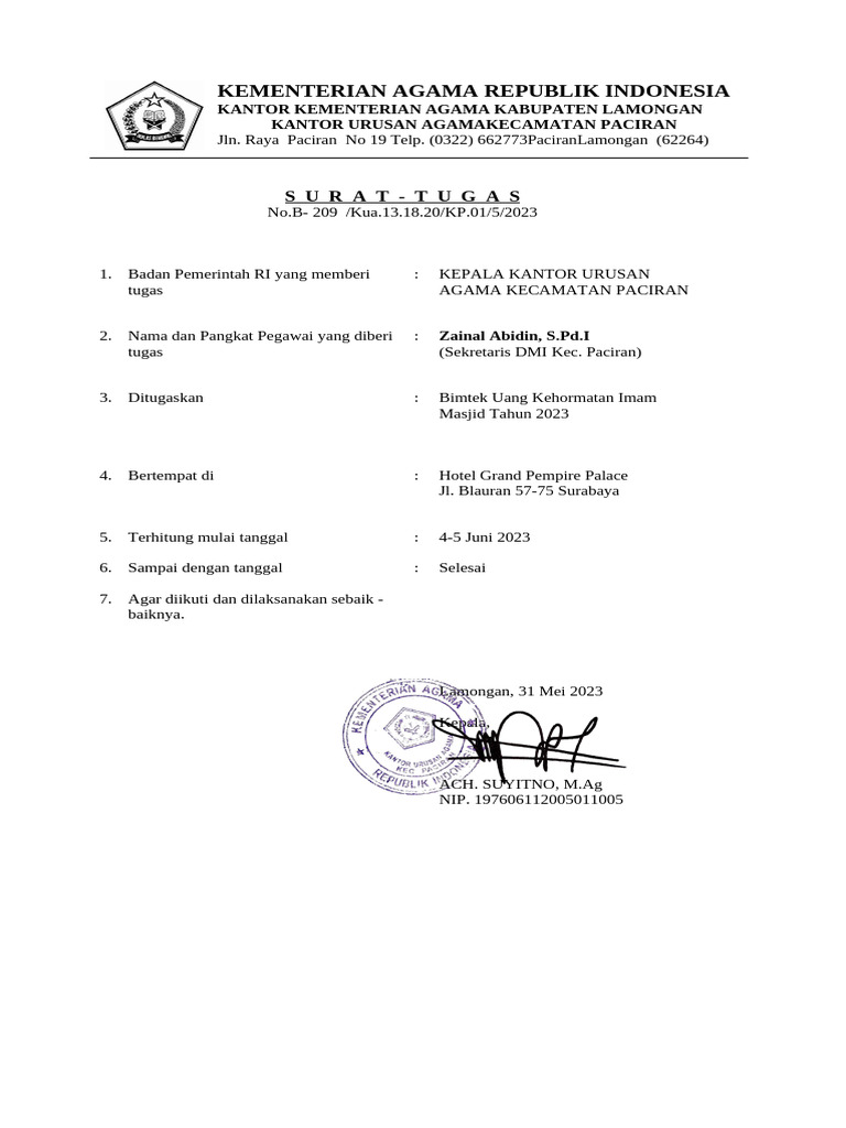 Surat Tugas Zainal DMI 2023 | PDF