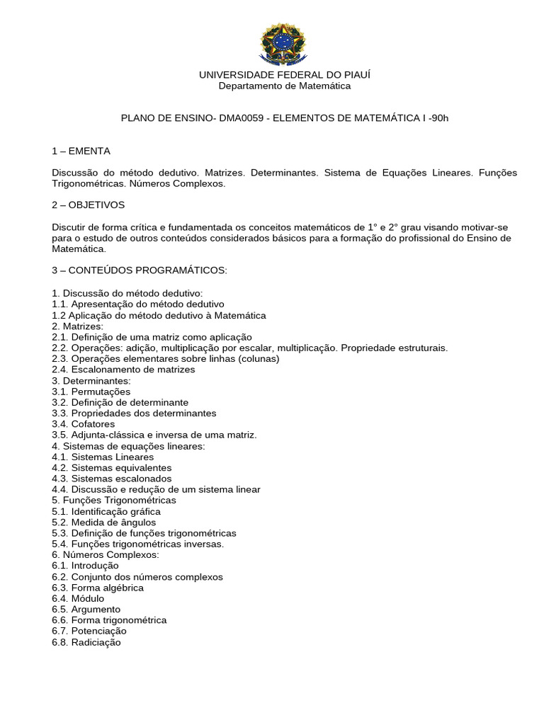 DMA0059 - ELEMENTOS DE MATEMATICA I 90h | PDF
