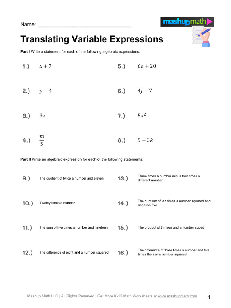Translating Variable Expressions (A) | PDF | Numbers | Mathematics