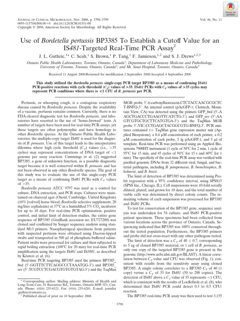 Guthrie Et Al 2008 Use of Bordetella Pertussis bp3385 To Establish A Cutoff Value For An Is481 ...