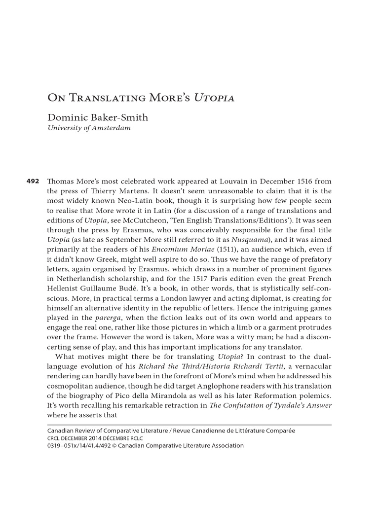 Baker - Smith - On Translating More's Utopia | PDF | Utopia (Book) | Translations