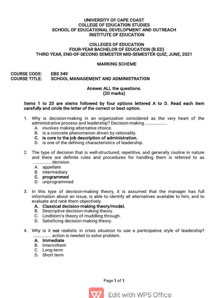 EBS 349 - Sch Mgt & Admi - MS | PDF | Leadership | Decision Making