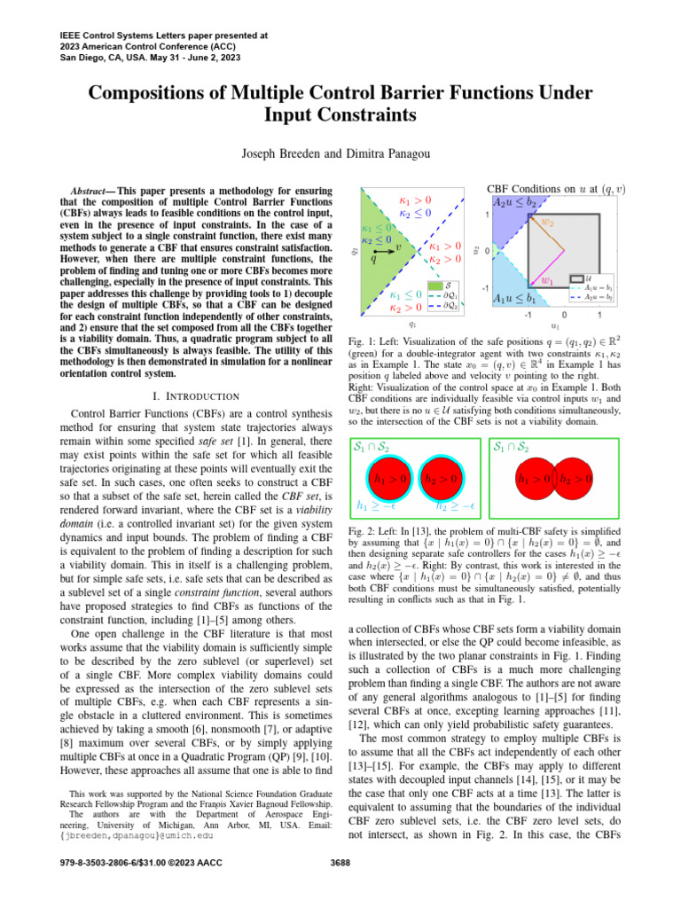 Compositions Of Multiple Control Barrier Functions Under Input Constraints Pdf Function