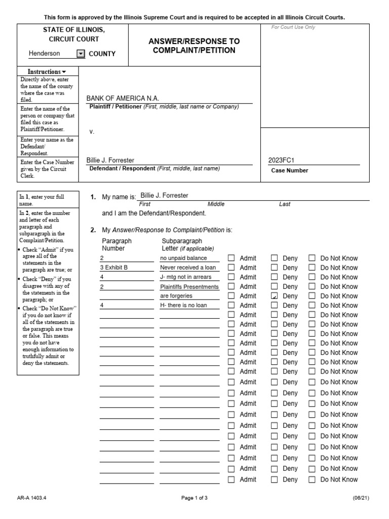 Illinois Court Answer Form Template | PDF | Complaint | Perjury