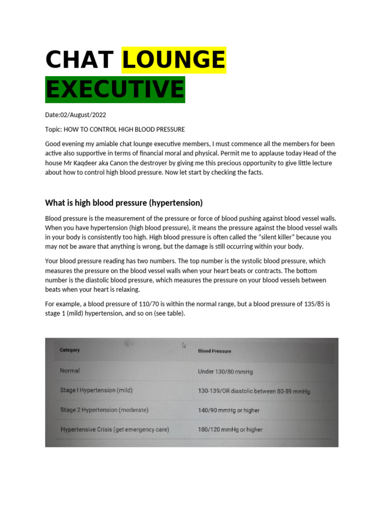 CHAT LOUNGE EXECUTIVE... How To Control High Blood Pressure | PDF ...