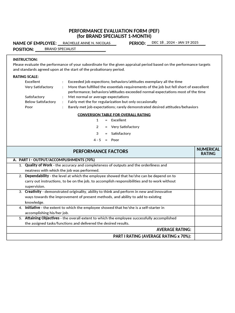 PERFORMANCE EVALUATION FORM | PDF | Performance Appraisal | Business