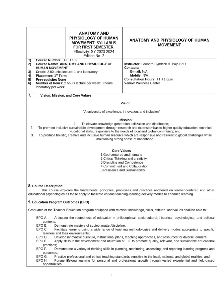 Ped 102 Anatomy and Physiology of Human Movement | PDF | Anatomical Terms Of Motion | Learning