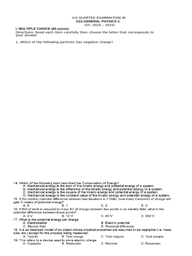 General Physics 2 (3rd Quarter Exam) | PDF | Capacitance | Series And Parallel Circuits