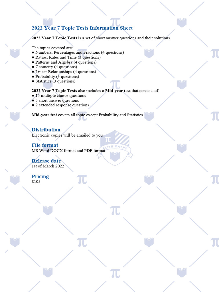 2022 Year 7 Math Topic Tests Guide | PDF | Mathematics | Statistics