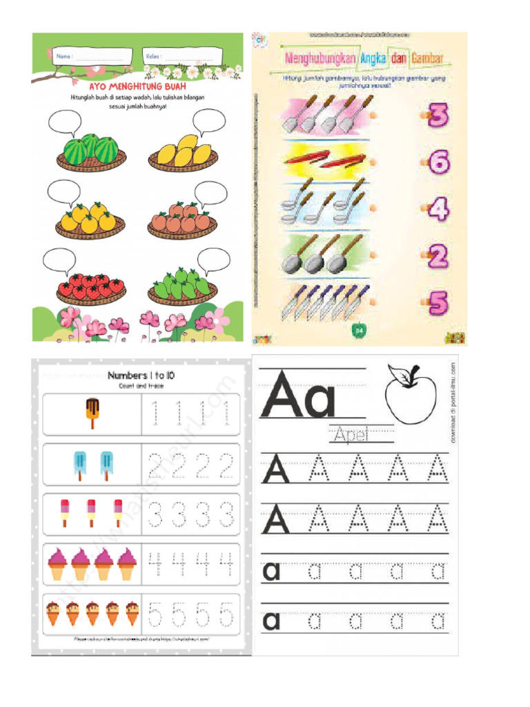 Tracing Huruf A, 1-5, Mencocokan Angka | PDF