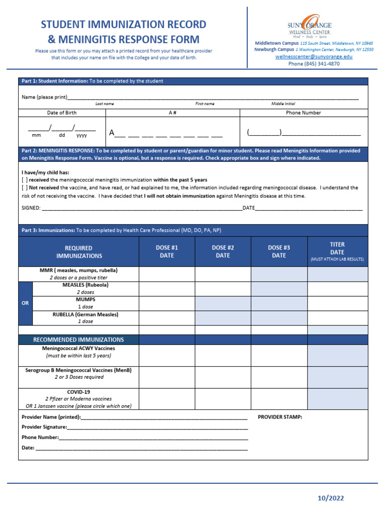 Student Immunization Record & Meningitis Response Form | PDF ...