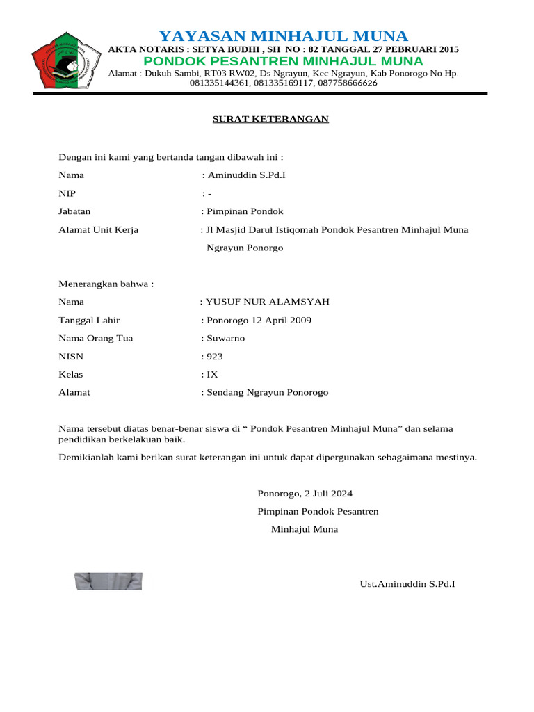 Surat Keterangan Siswa Pondok Muna | PDF