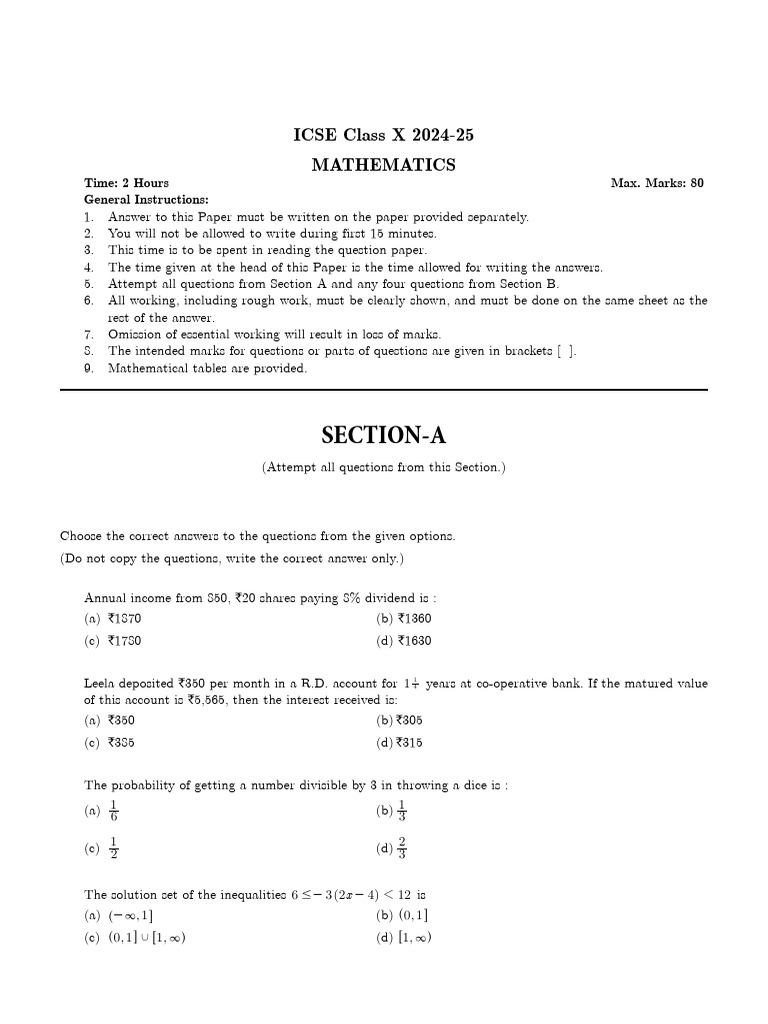 ICSE Class 10 Math Sample Paper 14 | PDF