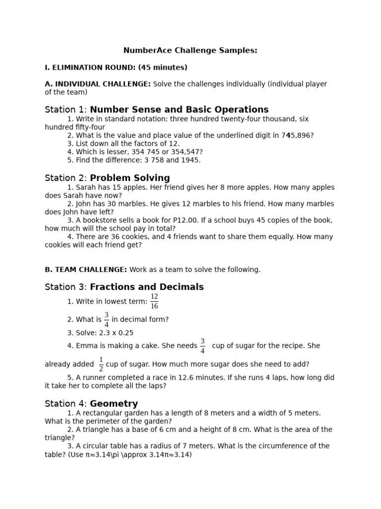 NumberAce Challenge Sample Questions | PDF | Area | Geometry