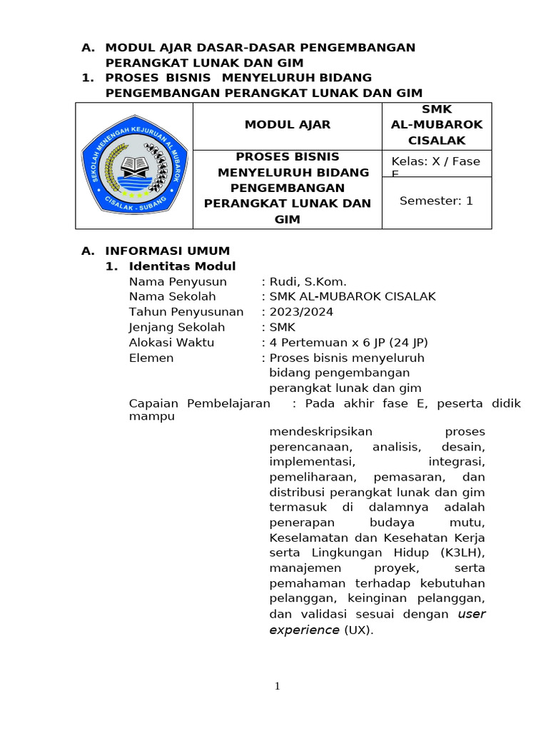 Modul Ajar Pengembangan Perangkat Lunak Dan Gim | PDF
