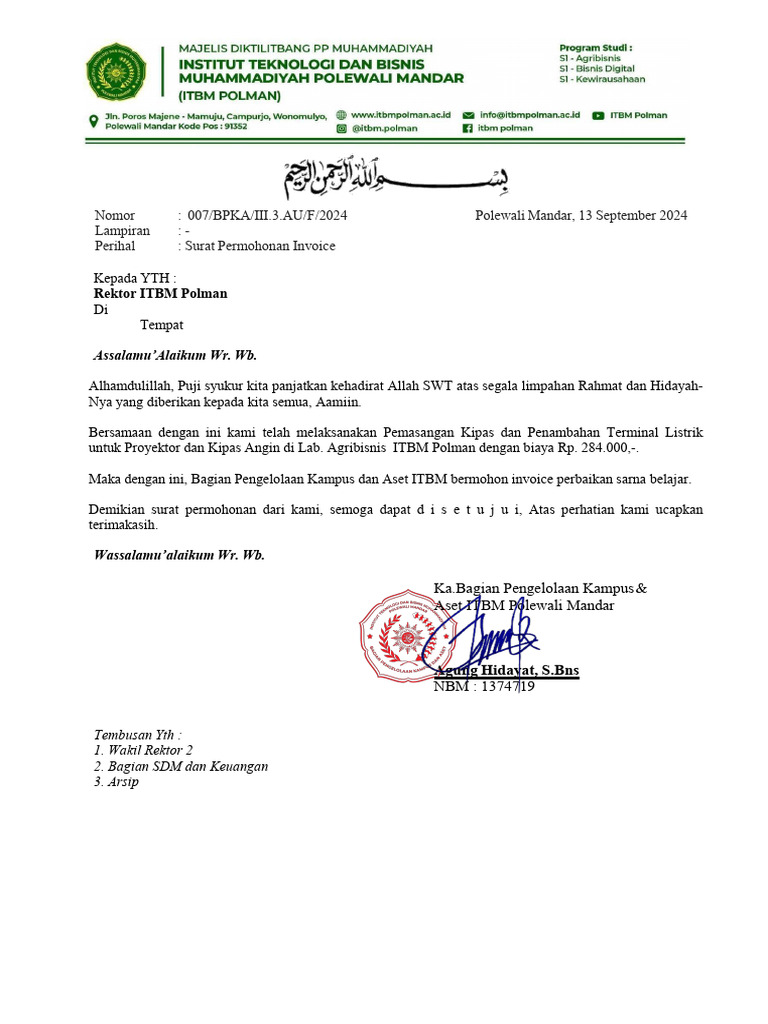 Permohonan Invoice Pemasangan Kipas ITBM | PDF