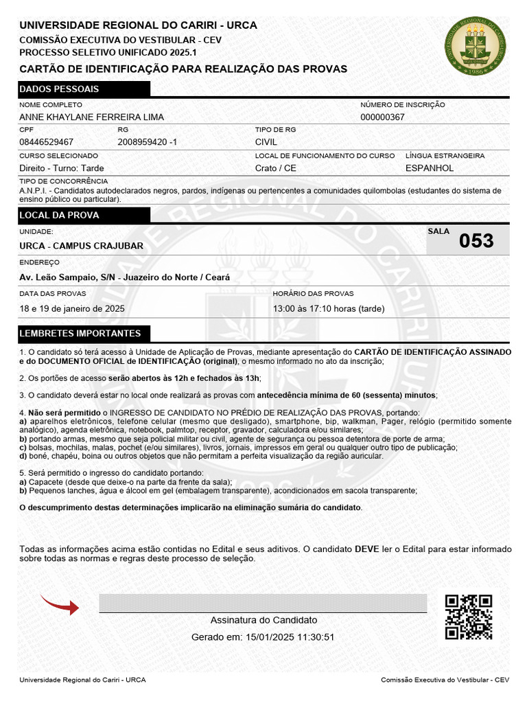 Cartão de Identificação para Provas URCA | PDF