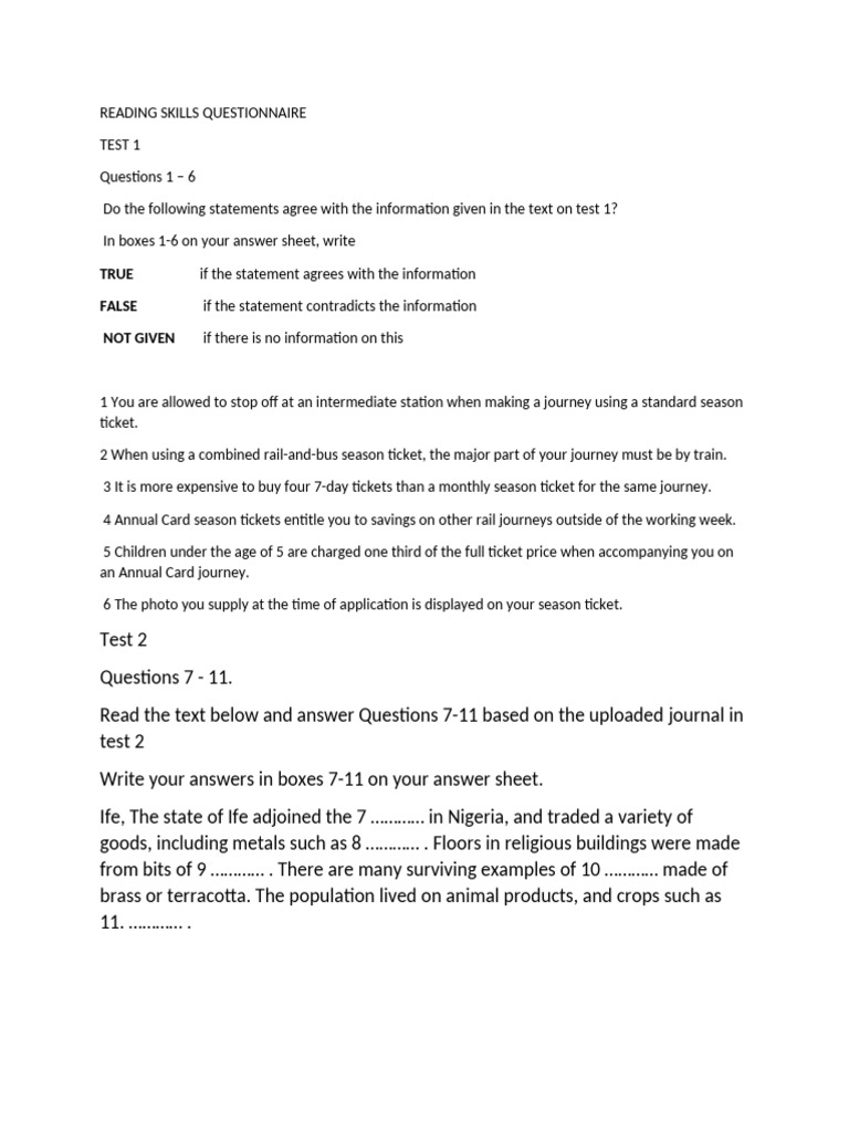 Reading Skills Questionnaire Guide | PDF