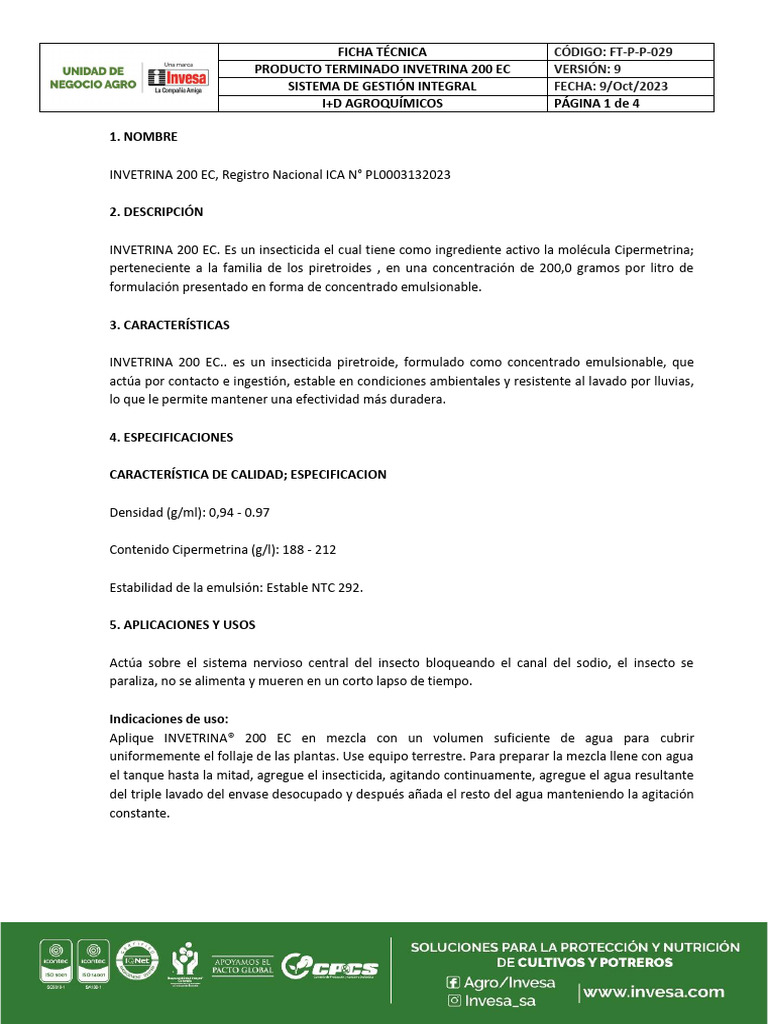 Invetrina 200 Ec Ficha Tecnica | PDF | Agua | Pesticida