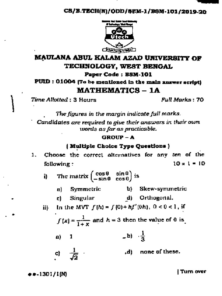 Btech 1 Sem Mathematics 1a BSM 101 2020 | PDF