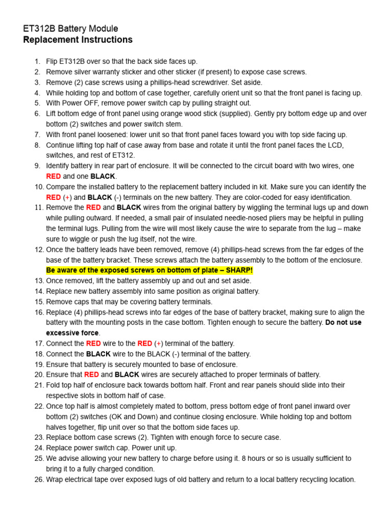 ET312 Battery Replacement Instructions | PDF | Screw | Electricity