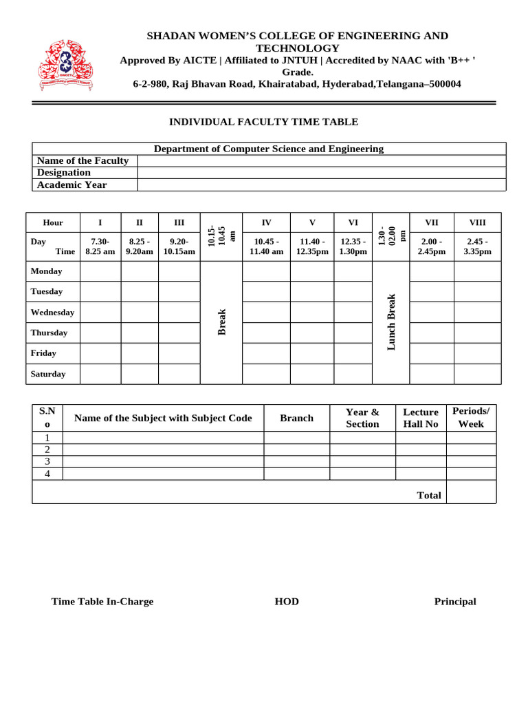 CSE Faculty Timetable 2023-24 | PDF