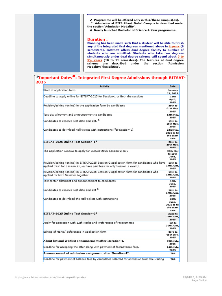 BITSAT-2025 Important Dates and Timeline | PDF