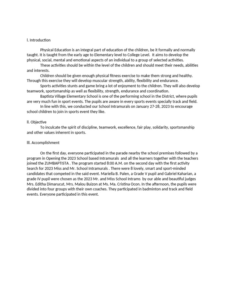 Accomplishment Report On Intrams 2023 | PDF