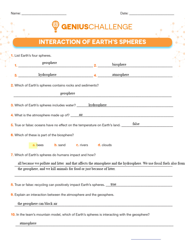 Earth's Spheres Interaction Worksheet | PDF | Earth | Hydrography