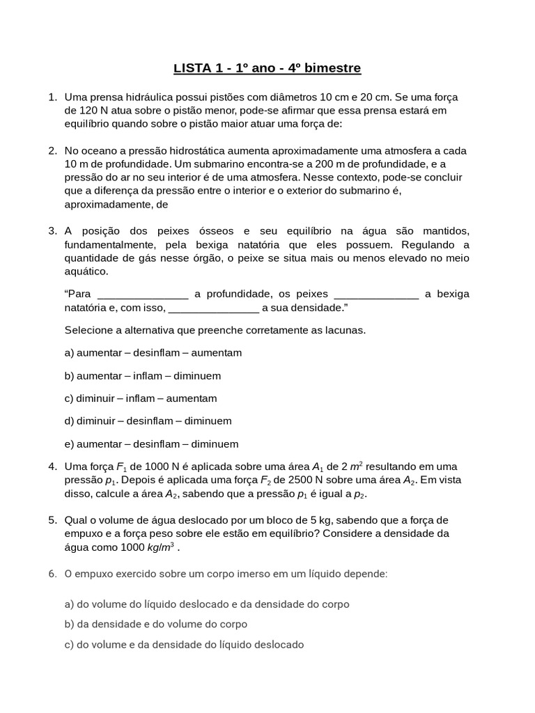 LISTA 1 1ºano4ºbim | PDF