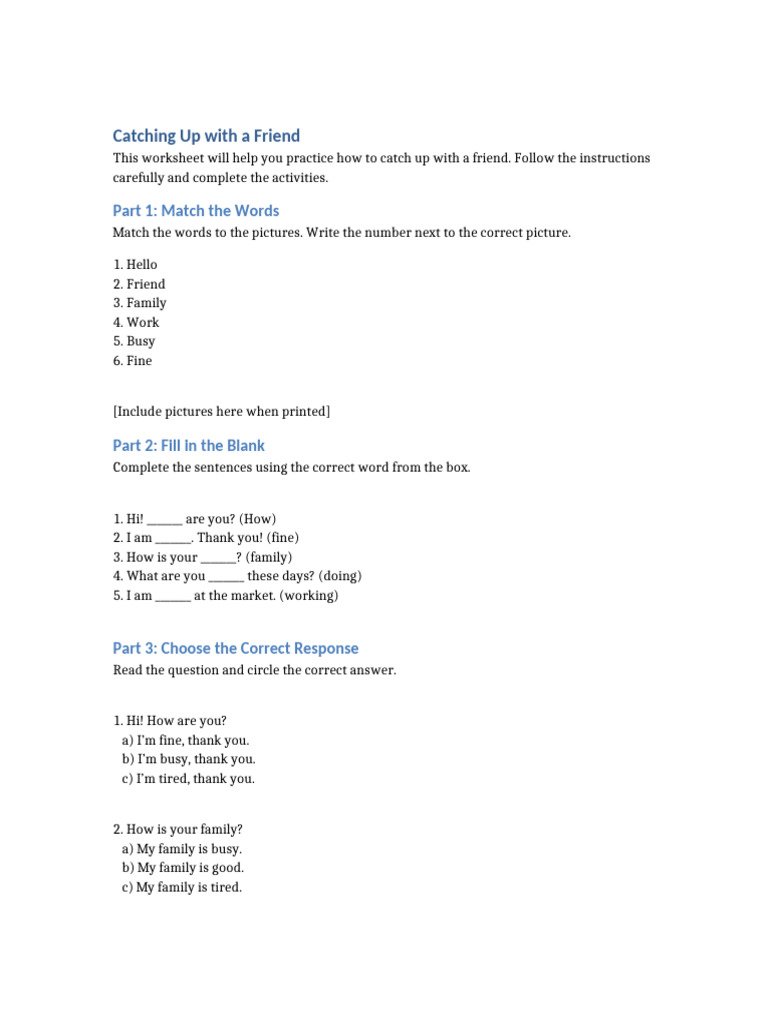 Catching Up With A Friend Worksheet | PDF