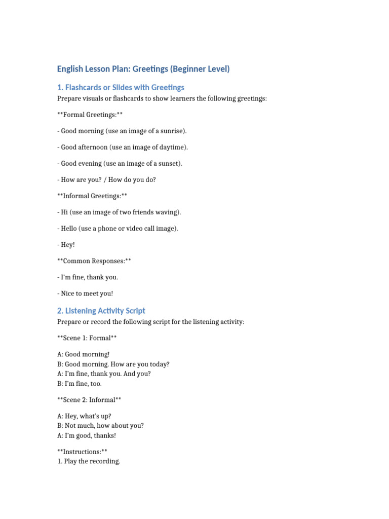 Beginner English Lesson Greetings | PDF | Learning