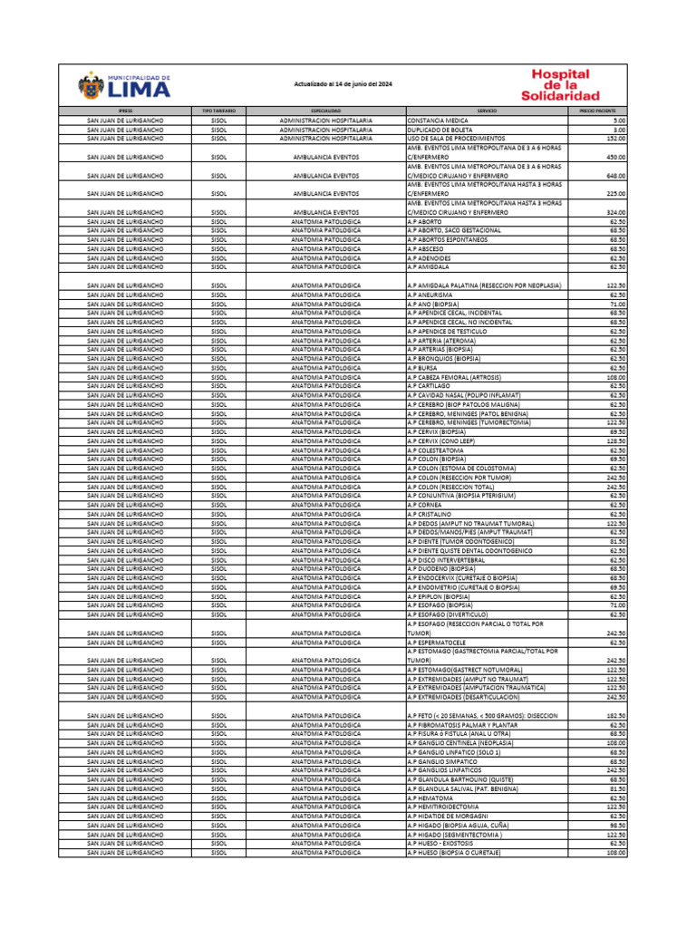 4120913-tarifario-sjl(2) | PDF | Procedimientos médicos | Anatomía