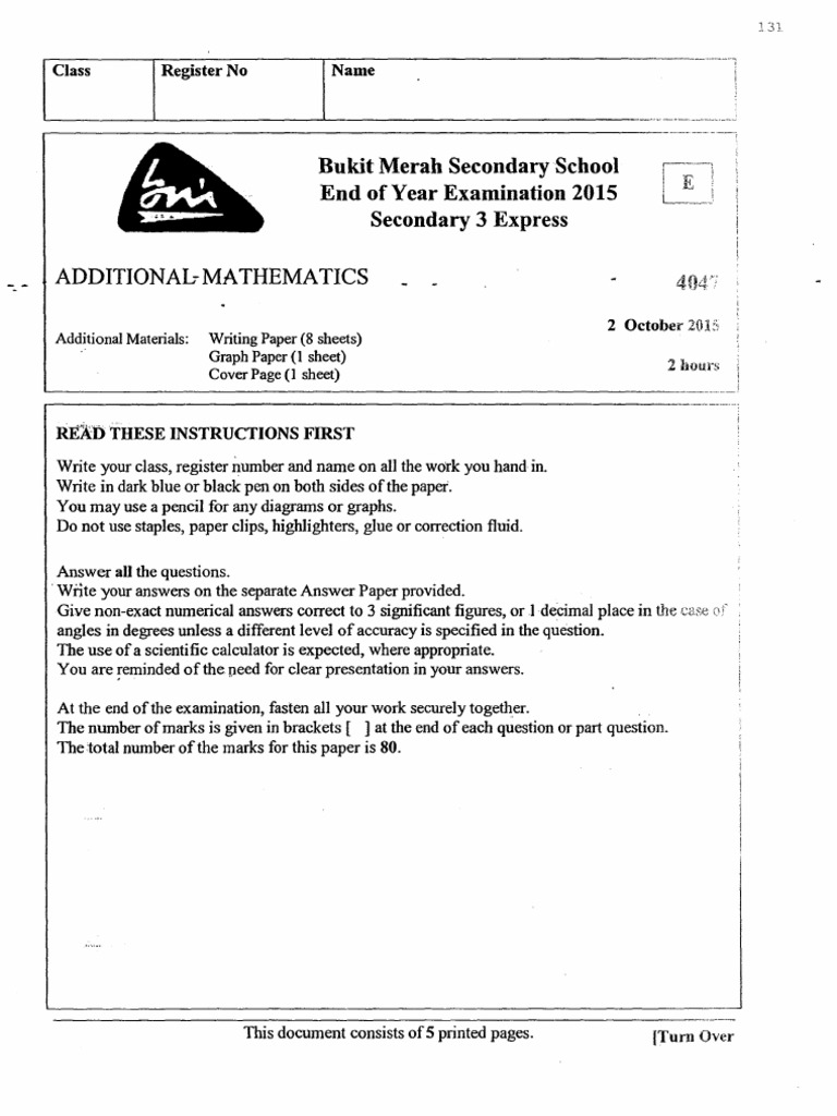 Sec 3 A Math SA2 2015 Bukit Merah | PDF