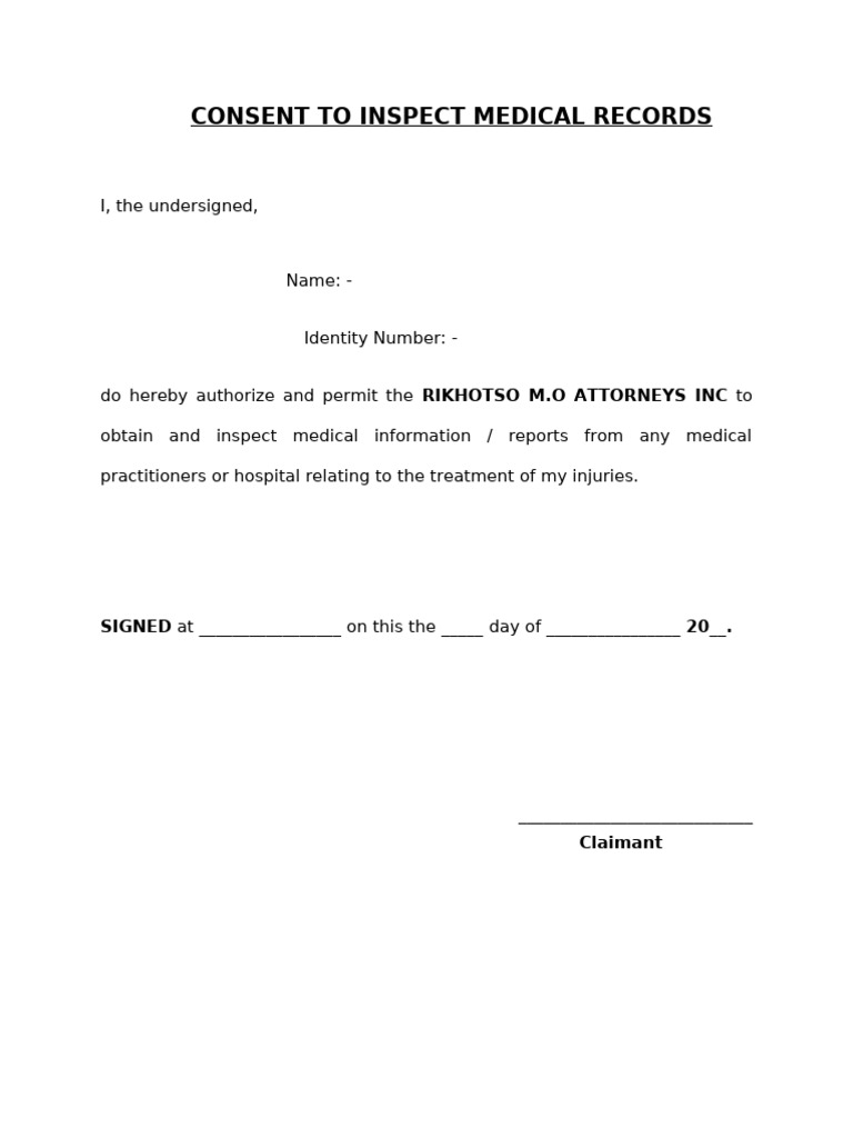 Consent To Inspect Medical Records - Blank | PDF
