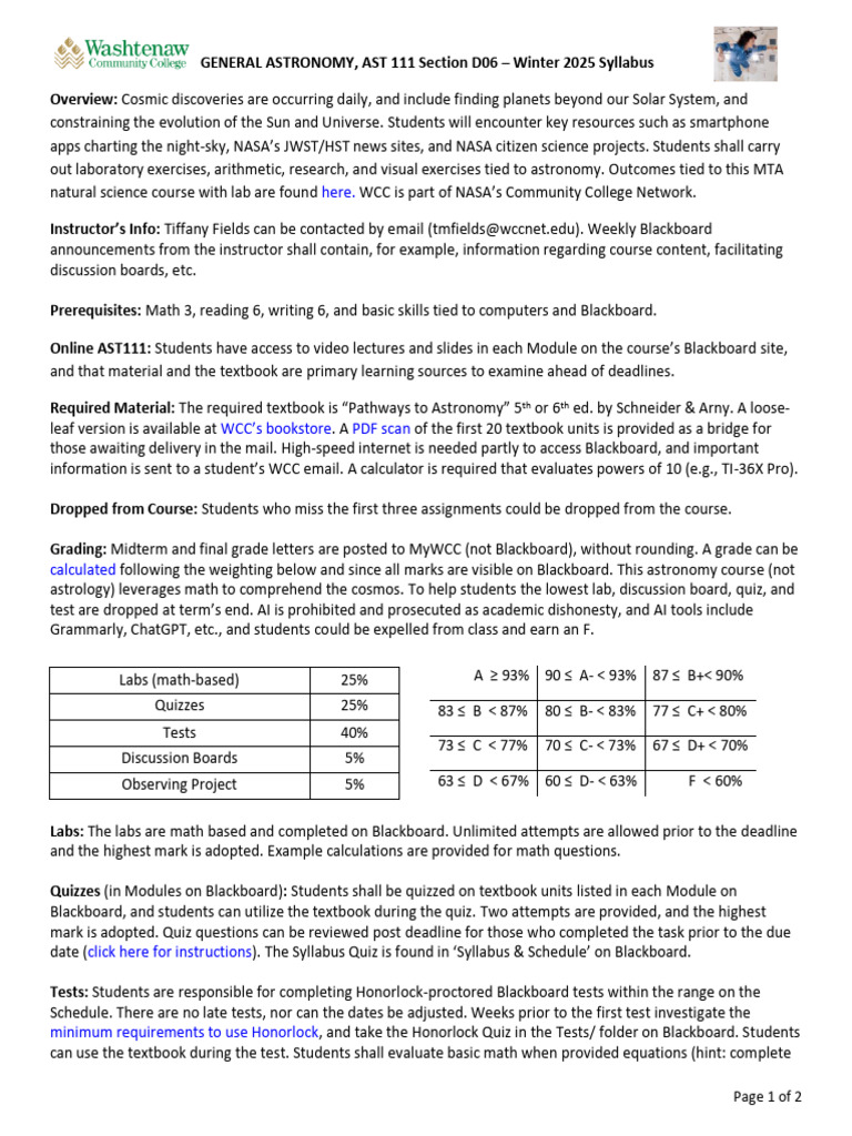 AST 111 Winter 2025 Astronomy Syllabus | PDF