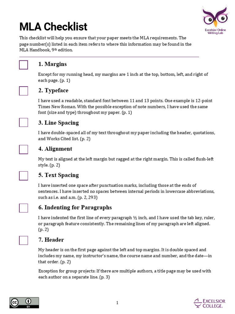 MLA Checklist 9th Edition 1 | PDF | Citation | Paragraph