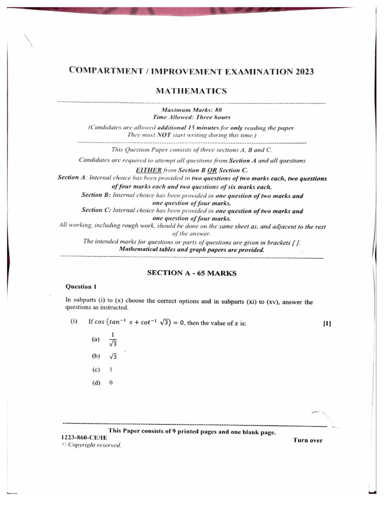 Improvement Exam Maths Question Paper | PDF