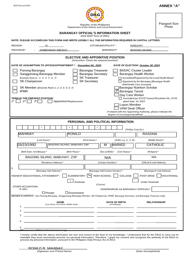 Barangay Official's Info Sheet 2023-2025 | PDF