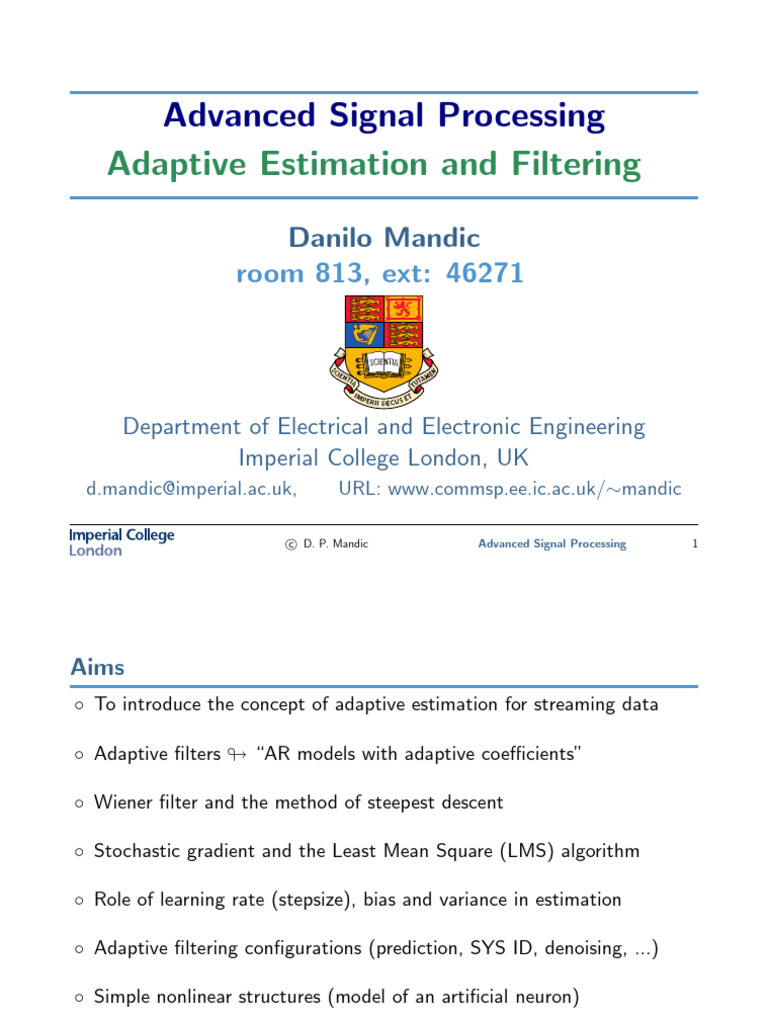 ASP Lecture 7 Adaptive Filters 2019 | PDF | Estimator | Estimation Theory