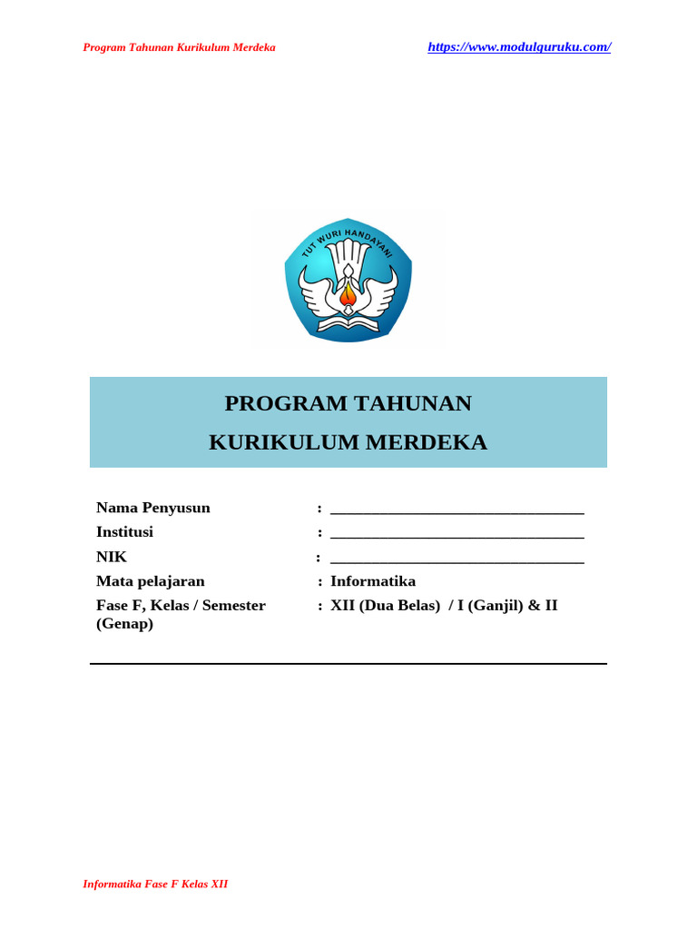 Prota Informatika Kelas 12 Fase F Kurikulum Merdeka (Modulguruku - Com) | PDF