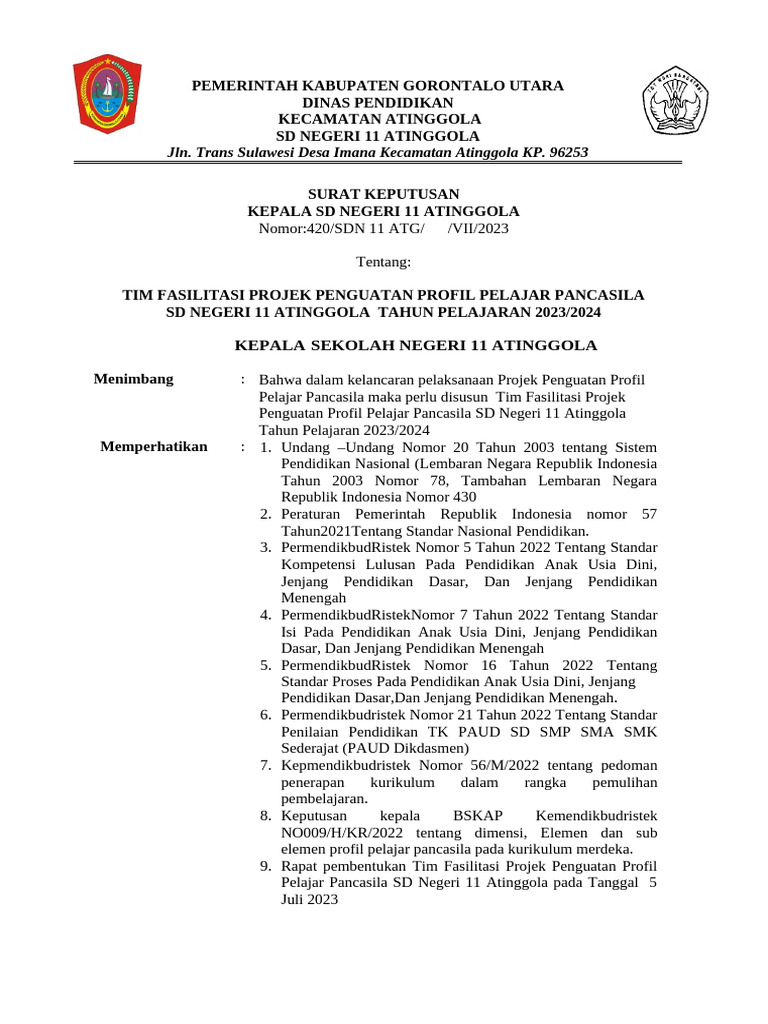 SK Tim Fasilitasi P5 | PDF