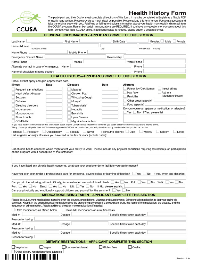 Health History Form | PDF | Public Health | Immunology