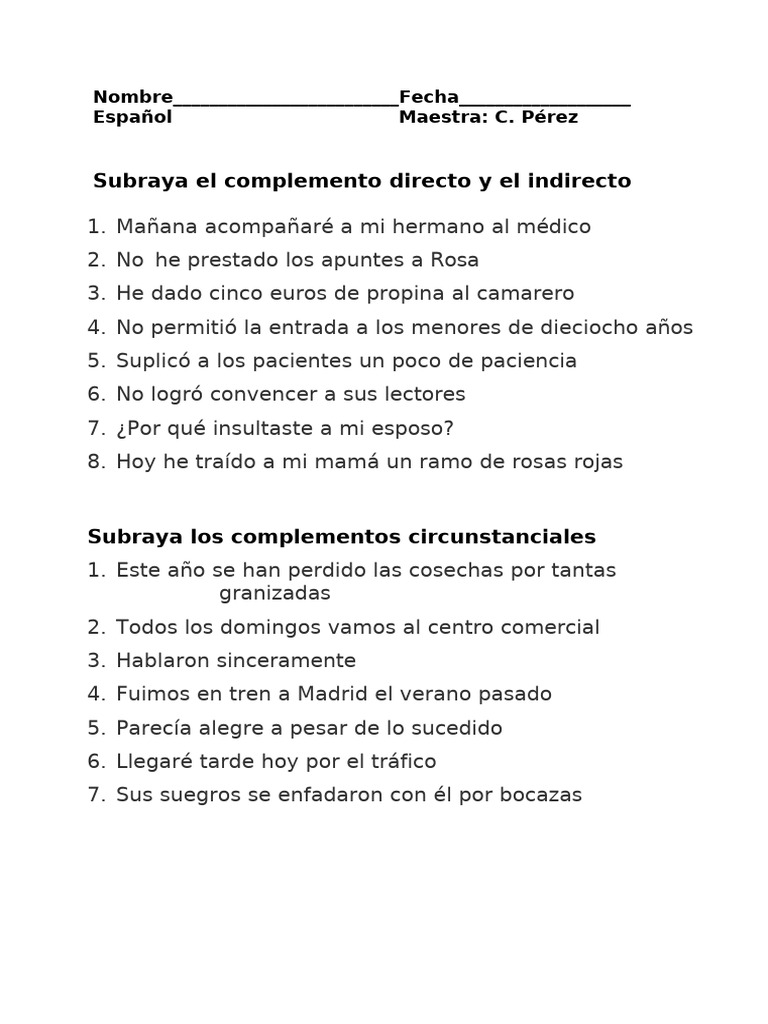 Complemento Directo, Indirecto y Circunstancial | PDF