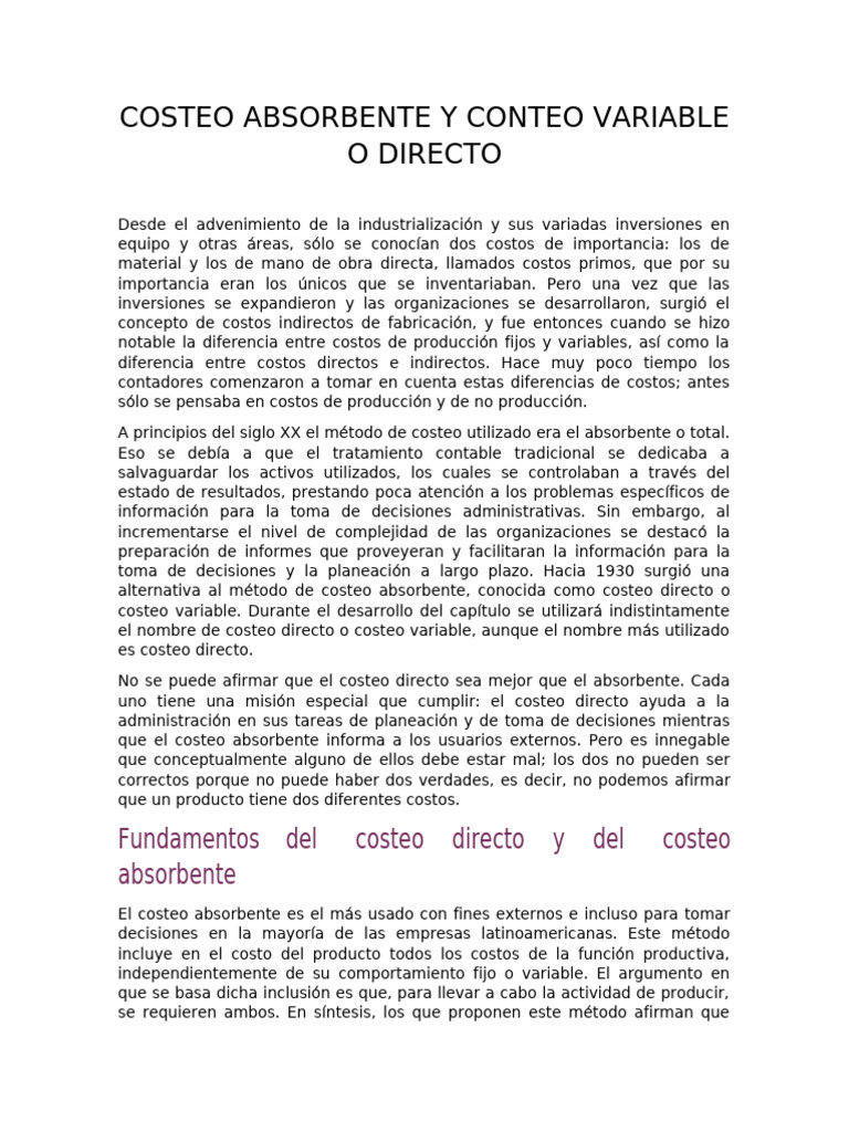 Costeo Absorbente y Conteo Variable o Directo | PDF | Estado de resultados | Utilidad