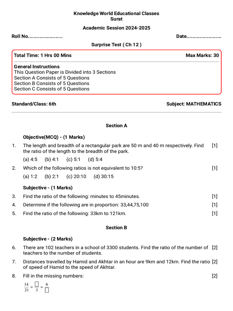 Class 6 Maths Test (CH 12) | PDF | Ratio | Rectangle