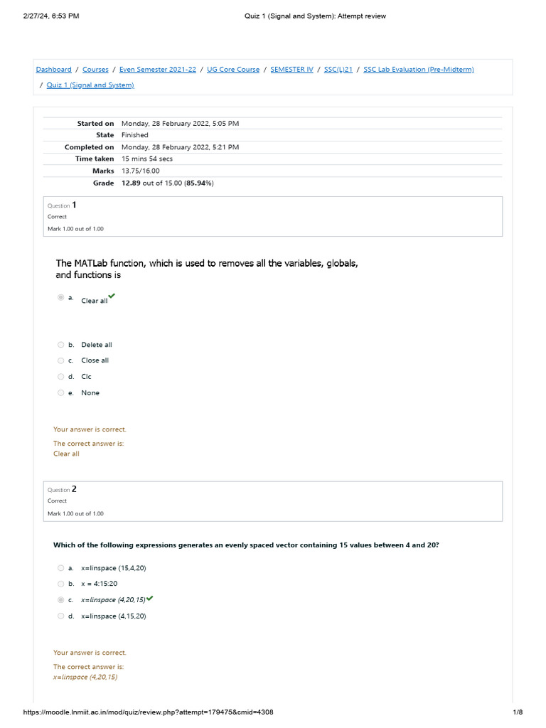 Signal and System Quiz Review | PDF | Matlab | Mathematical Analysis