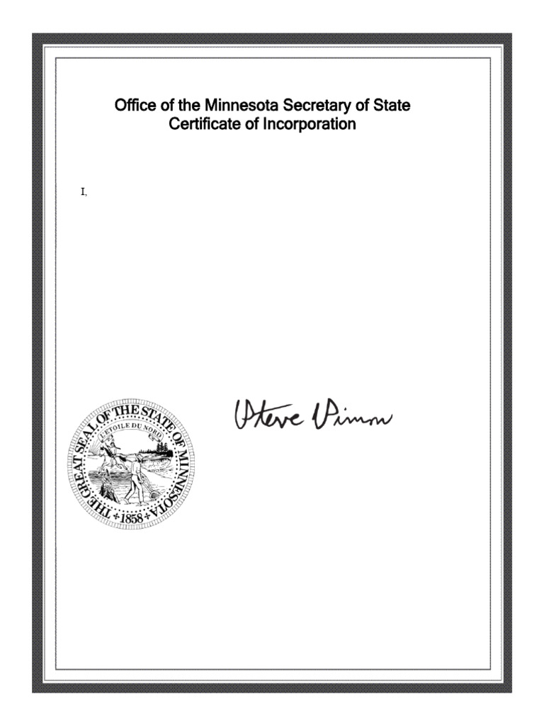 Office of The Minnesota Secretary of State Certificate of Incorporation ...
