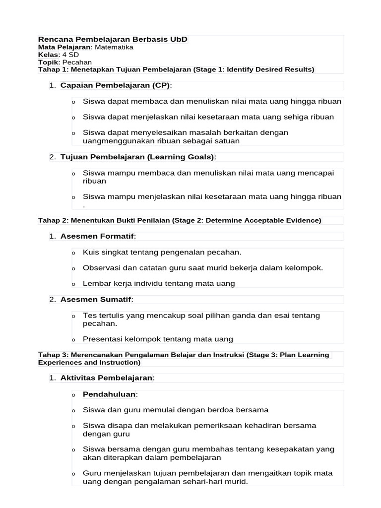 Rencana Pembelajaran Berbasis UbD Kelas 4 Matematika Valid | PDF